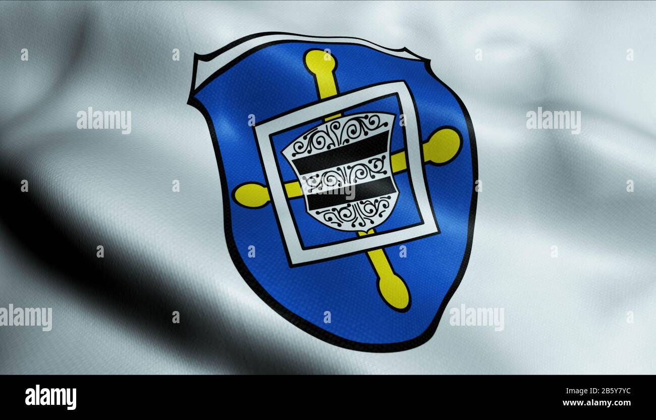 3D Illustration of a waving coat of arms flag of Langenselbold (Germany ...