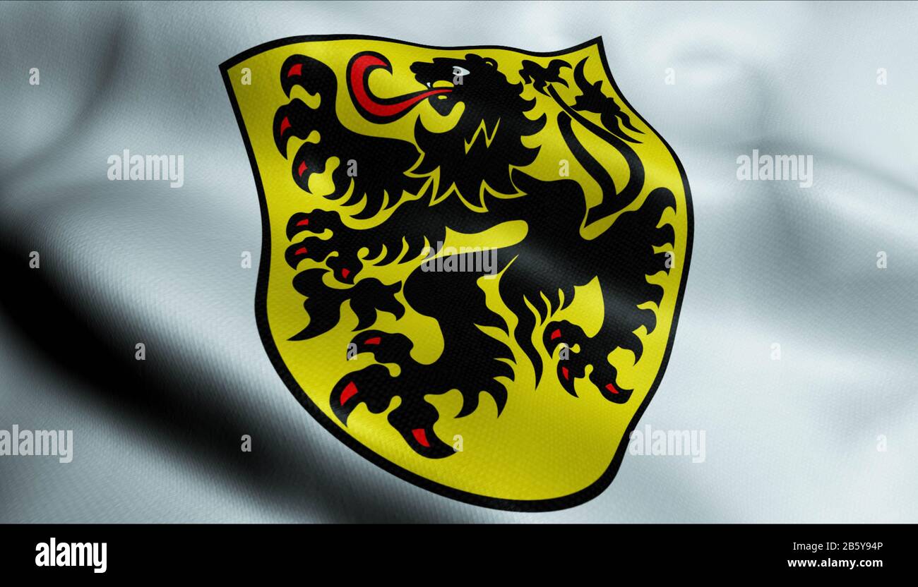 3D Illustration of a waving coat of arms flag of Leonberg (Germany ...