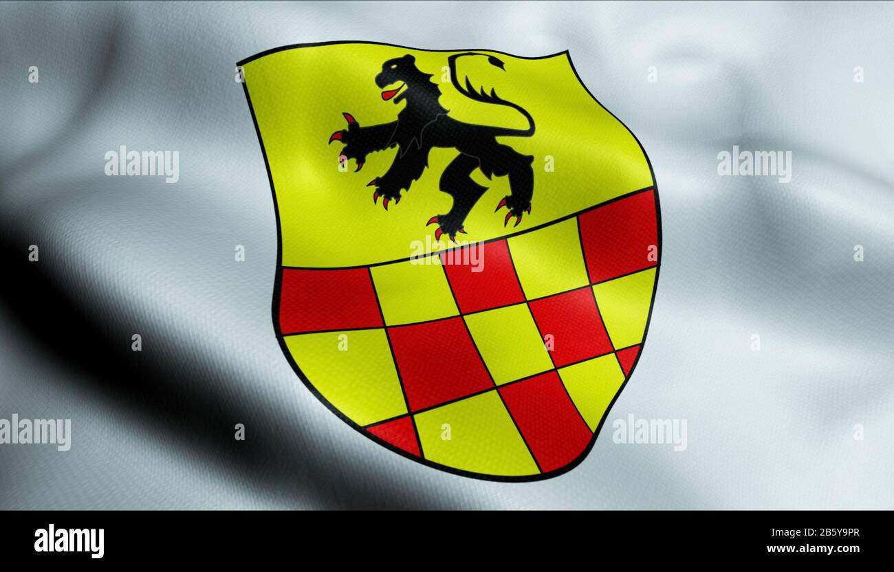 3D Illustration of a waving coat of arms flag of Linnich (Germany ...