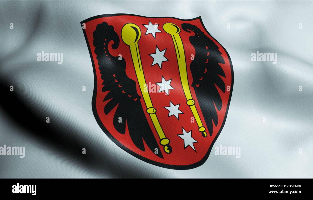 3D Illustration of a waving coat of arms flag of Loitz (Germany country ...