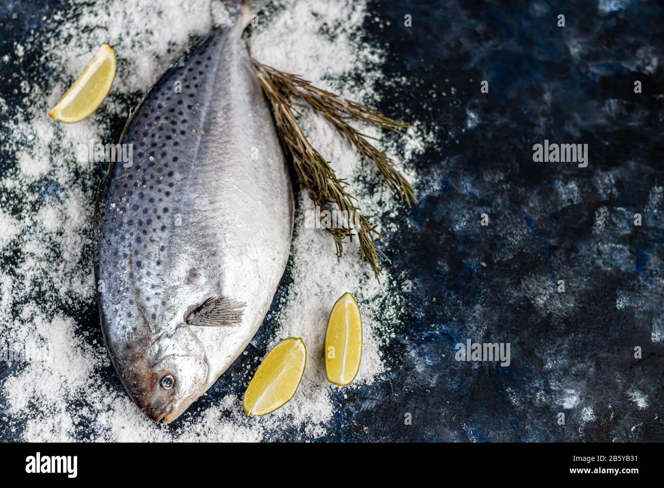 Sea tasty fresh fish on a dark background. Frozen product. Fish with ...