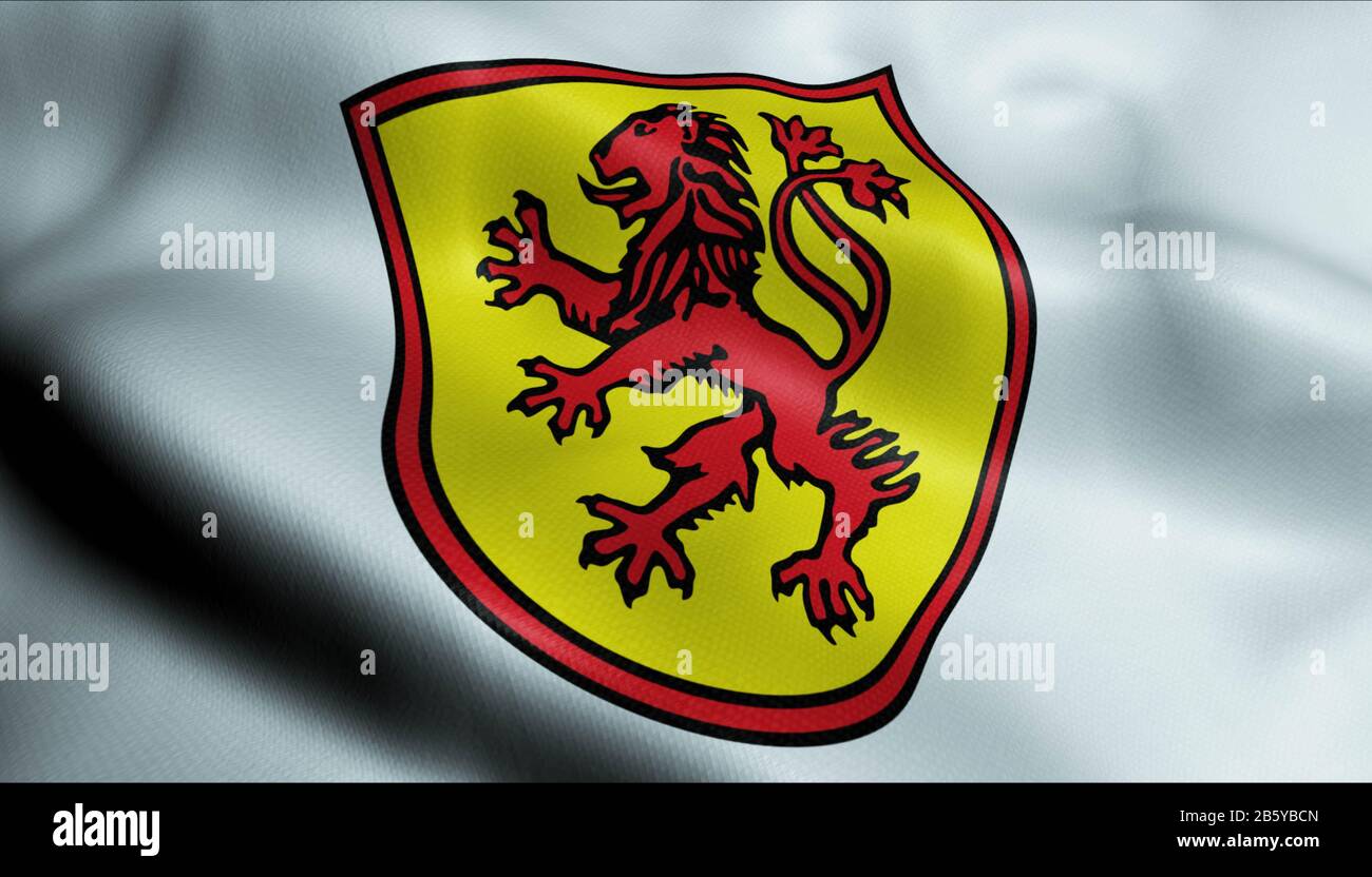 3D Illustration of a waving coat of arms flag of Lunen (Germany country ...