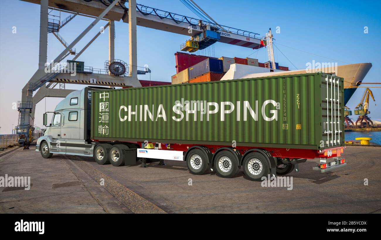 Chinese firy China Shipping container in the port against the ...