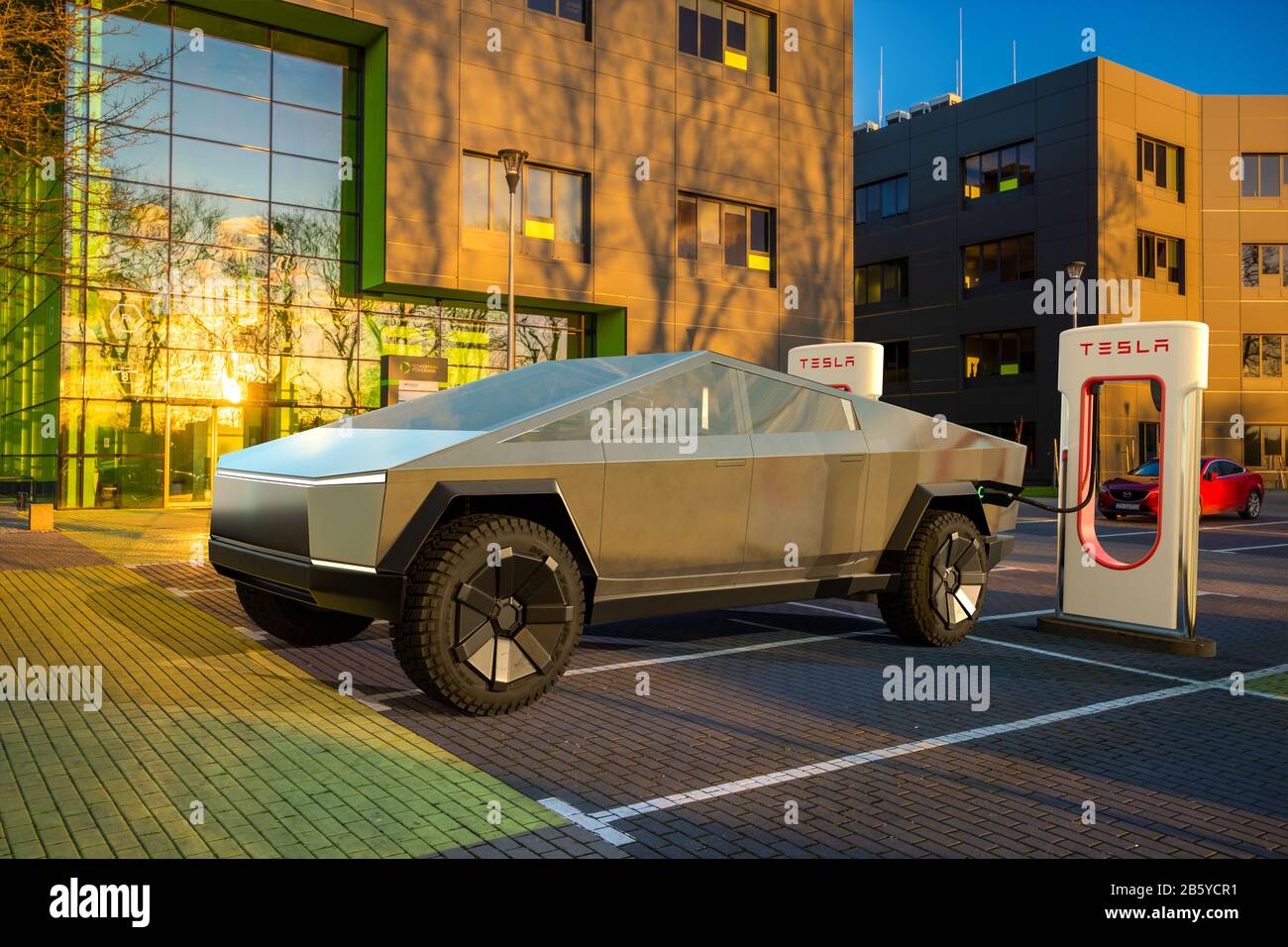 Tesla Cybertruck while charging in the parking lot under a modern ...