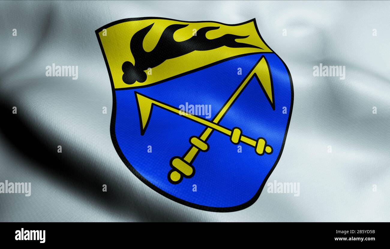 3D Illustration of a waving coat of arms flag of Heubach (Germany ...