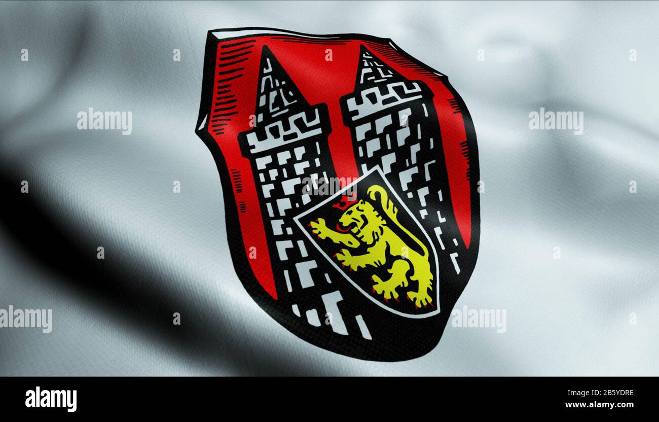3D Illustration of a waving coat of arms flag of Hof (Germany country ...