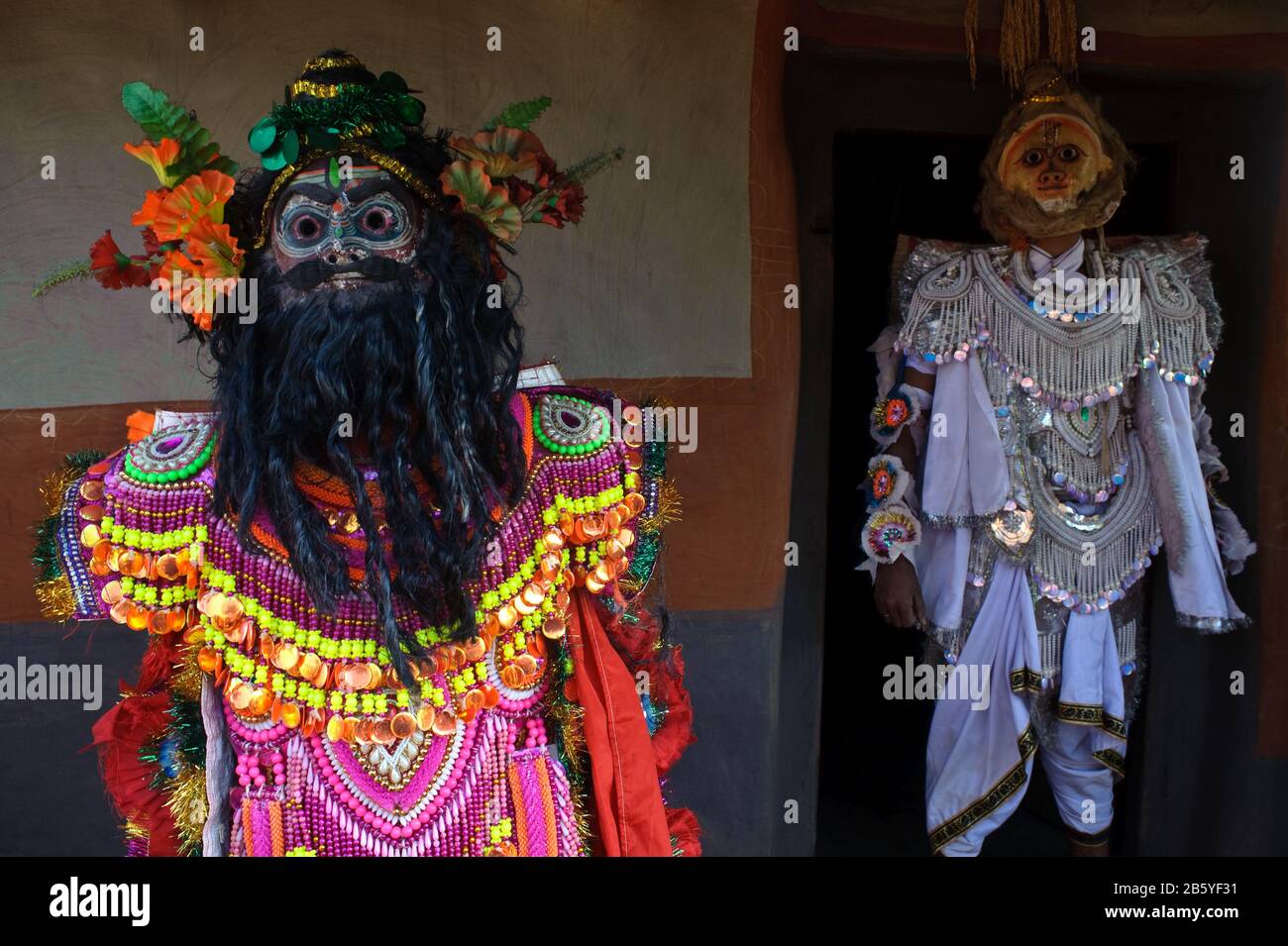 Purulia Chhau dancers. The dancer on the left is playing the role of ...