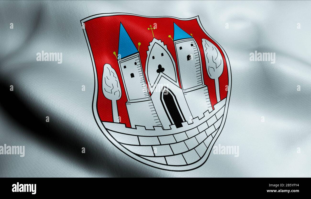 3D Illustration of a waving coat of arms flag of Jessen (Germany ...