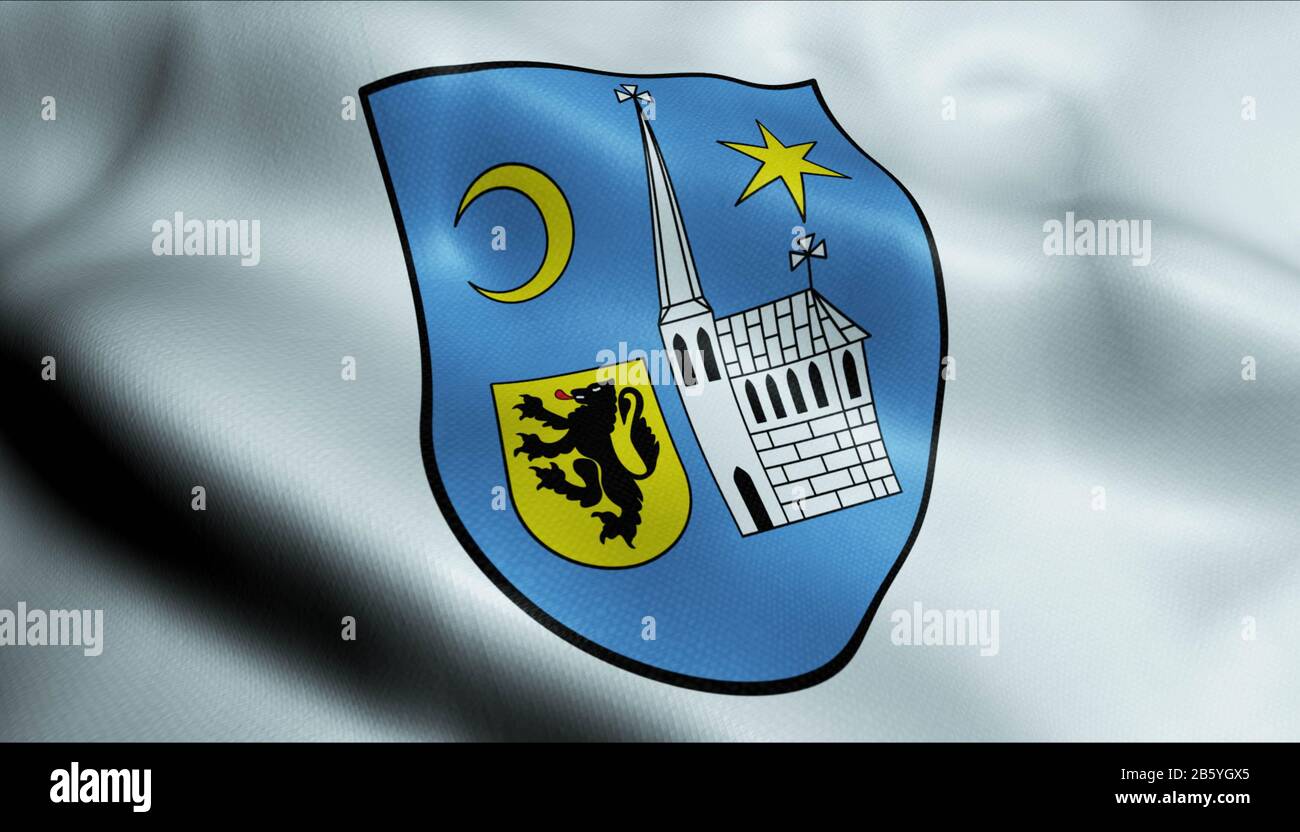 3D Illustration of a waving coat of arms flag of Juchen (Germany ...
