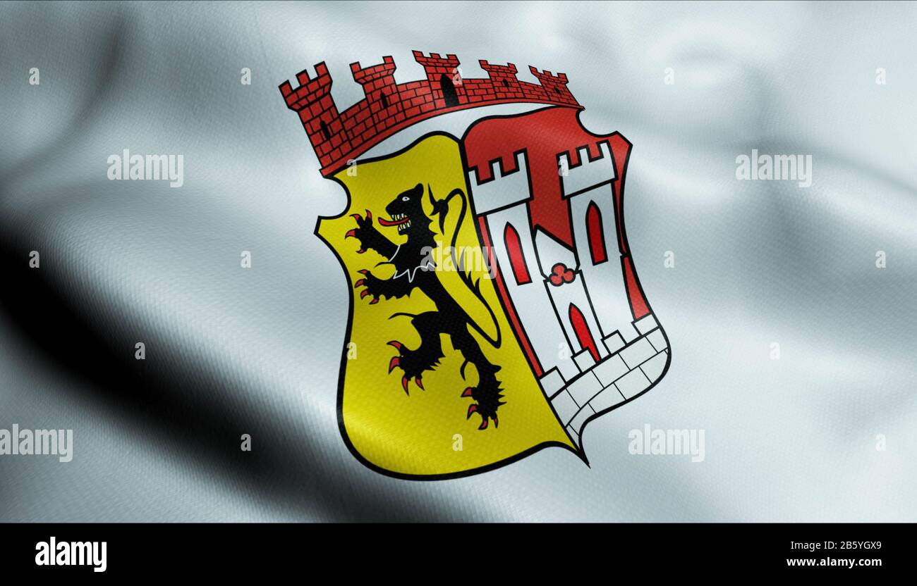 3D Illustration of a waving coat of arms flag of Julich (Germany ...