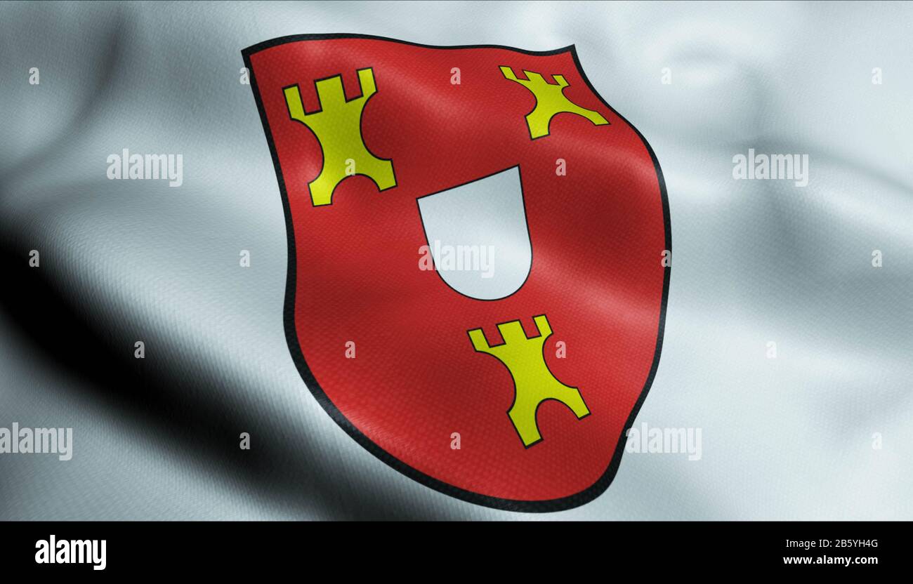 3D Illustration of a waving coat of arms flag of Kalkar (Germany ...
