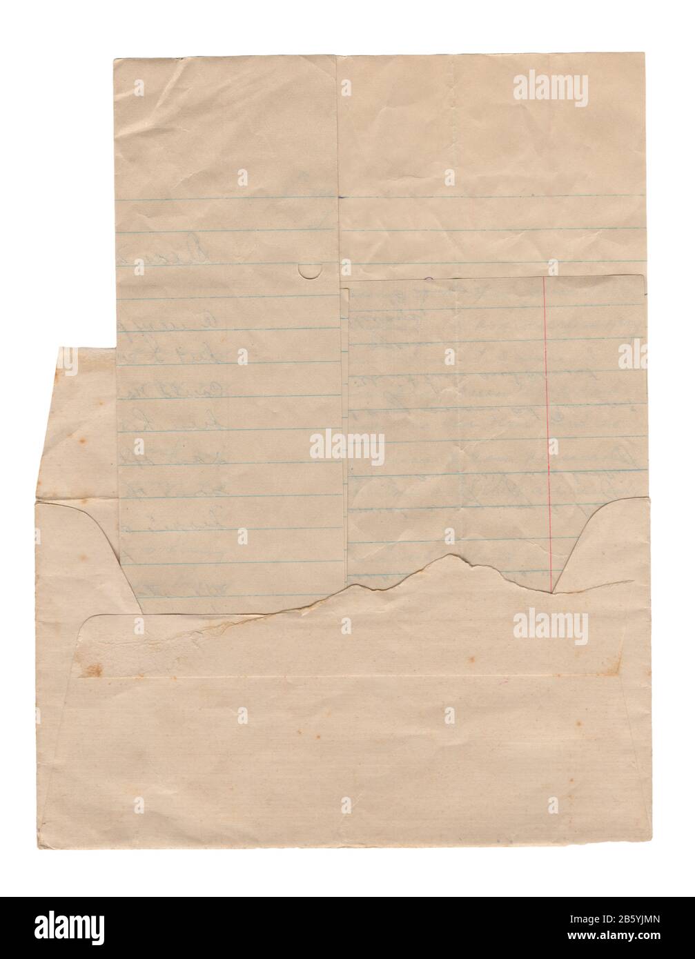 Old discolored envelope and a blank piece of ruled writing paper on a ...