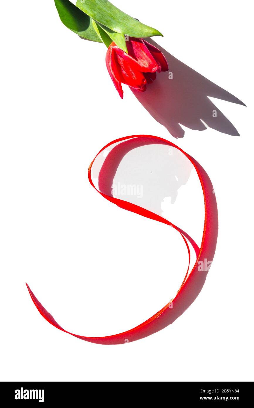 red silk ribbon shaped number nine, on white background with shadow ...