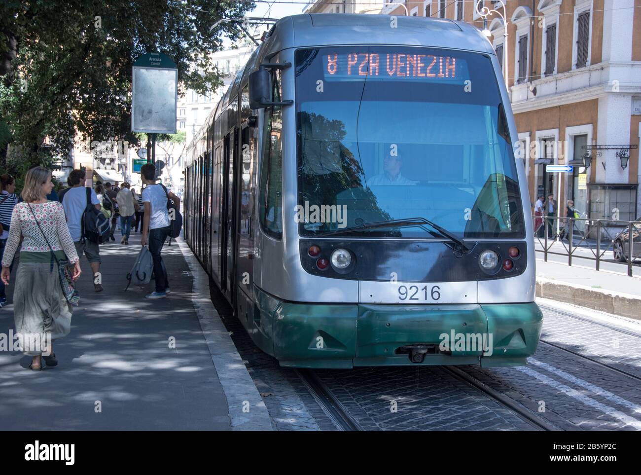 Italy.Rome.Modern trams stopping at the Garibaldi Bridge over the River ...
