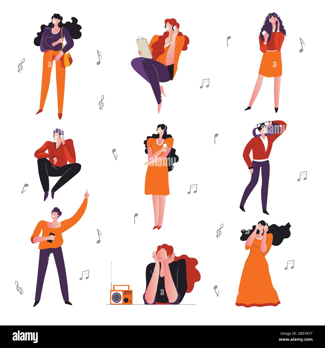 Music listening, people with player, gadget or radio, isolated ...