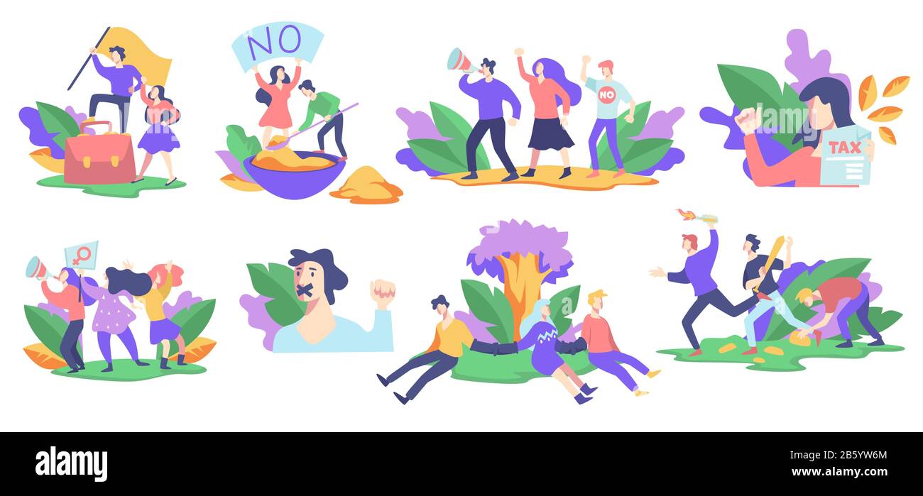 Human rights protection, protests or strikes, isolated icons Stock ...