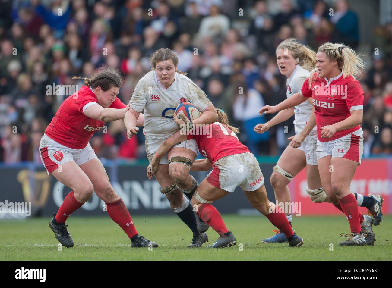 London, UK. 07th Mar, 2020. Tackling from Kerin Lake (Wales, 12) to ...