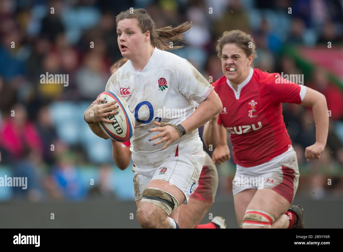London, UK. 07th Mar, 2020. Sarah Beckett (England, 8) is followed by ...