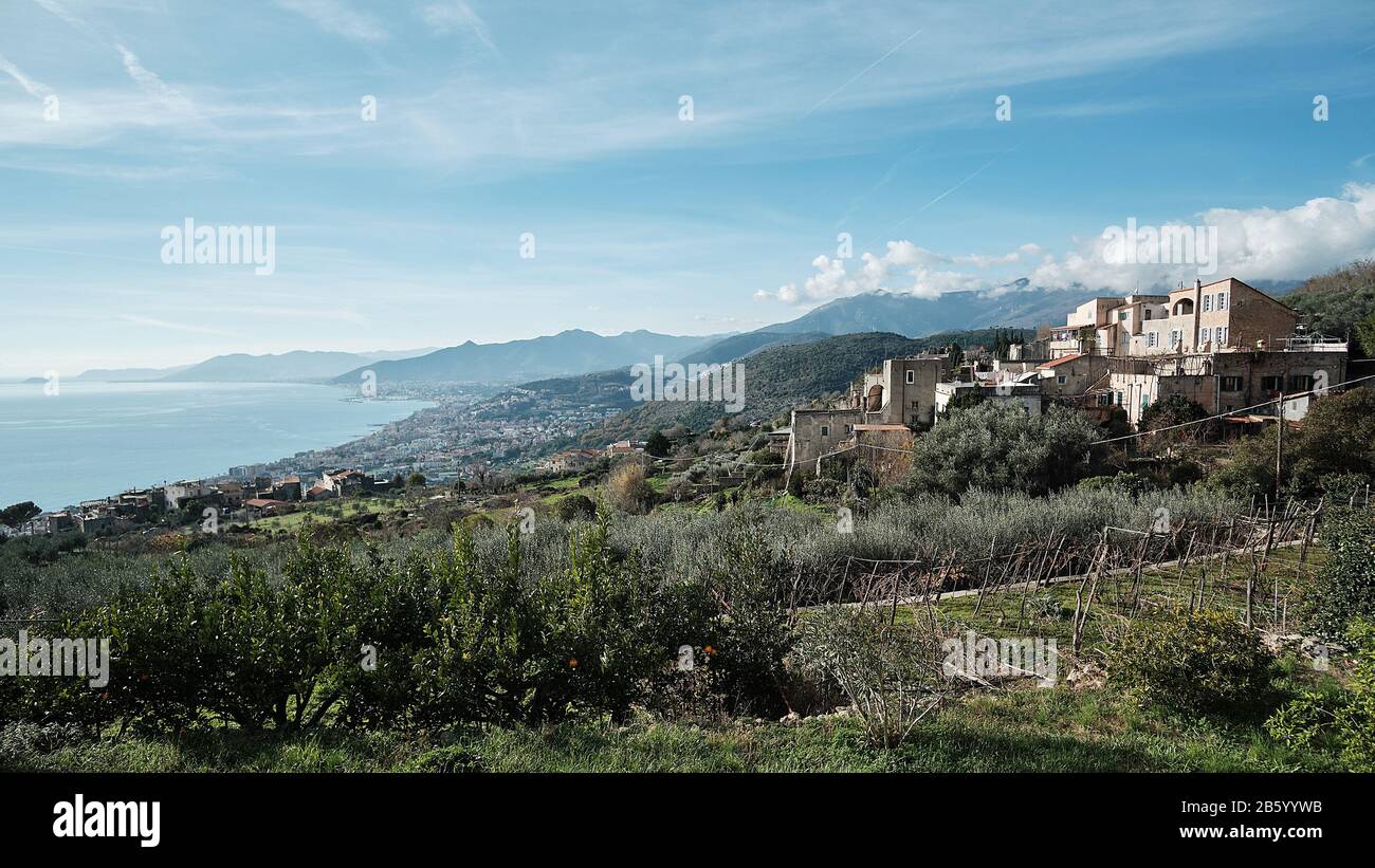 Panoramic view of the traditional village Borgio Verezzi, located in ...