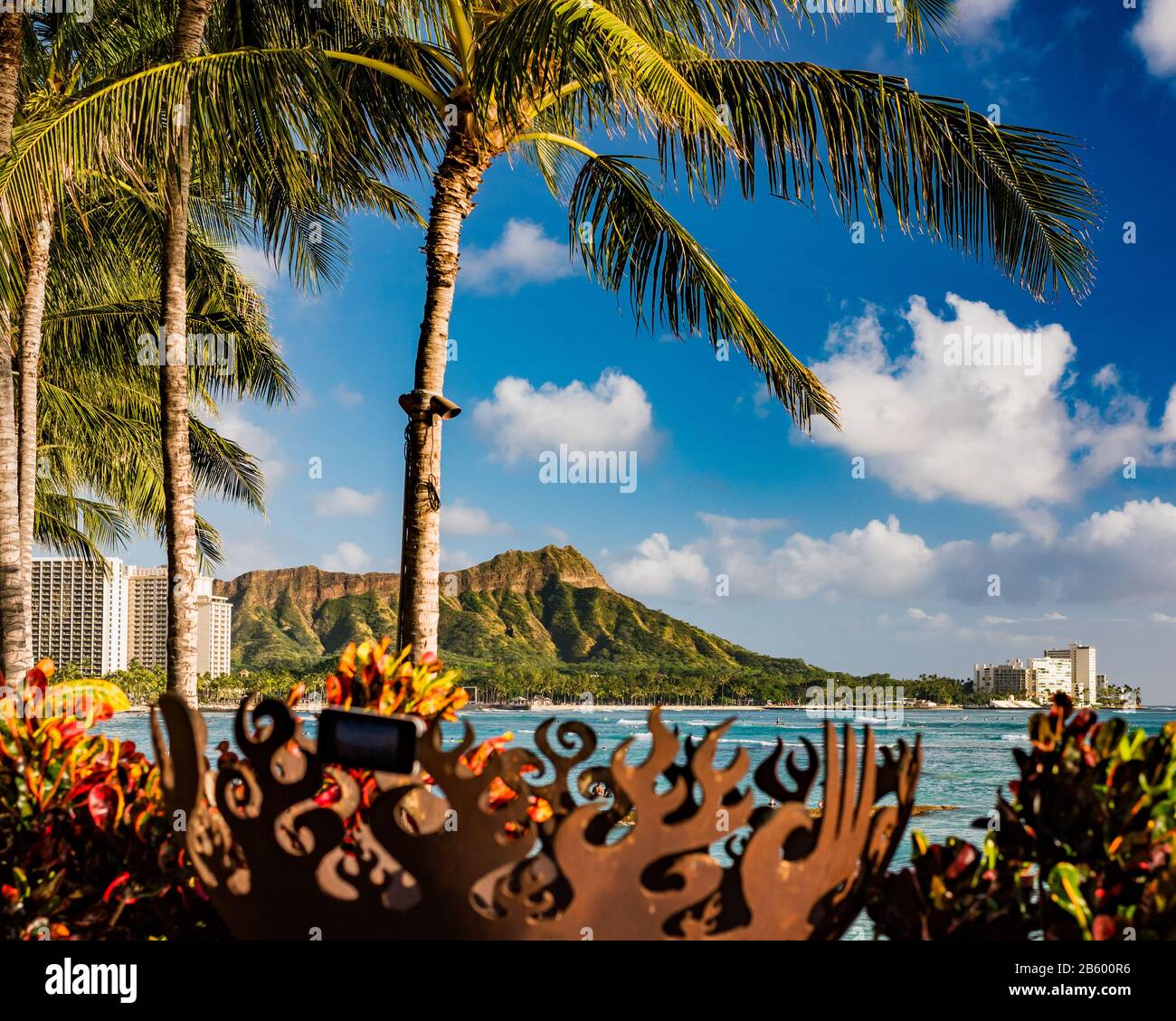 Fire-pit in front of Diamond Head Volcano at Honolulu, Hawaii Stock ...