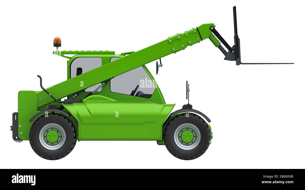 Telescopic handler, side view. 3D rendering isolated on white ...