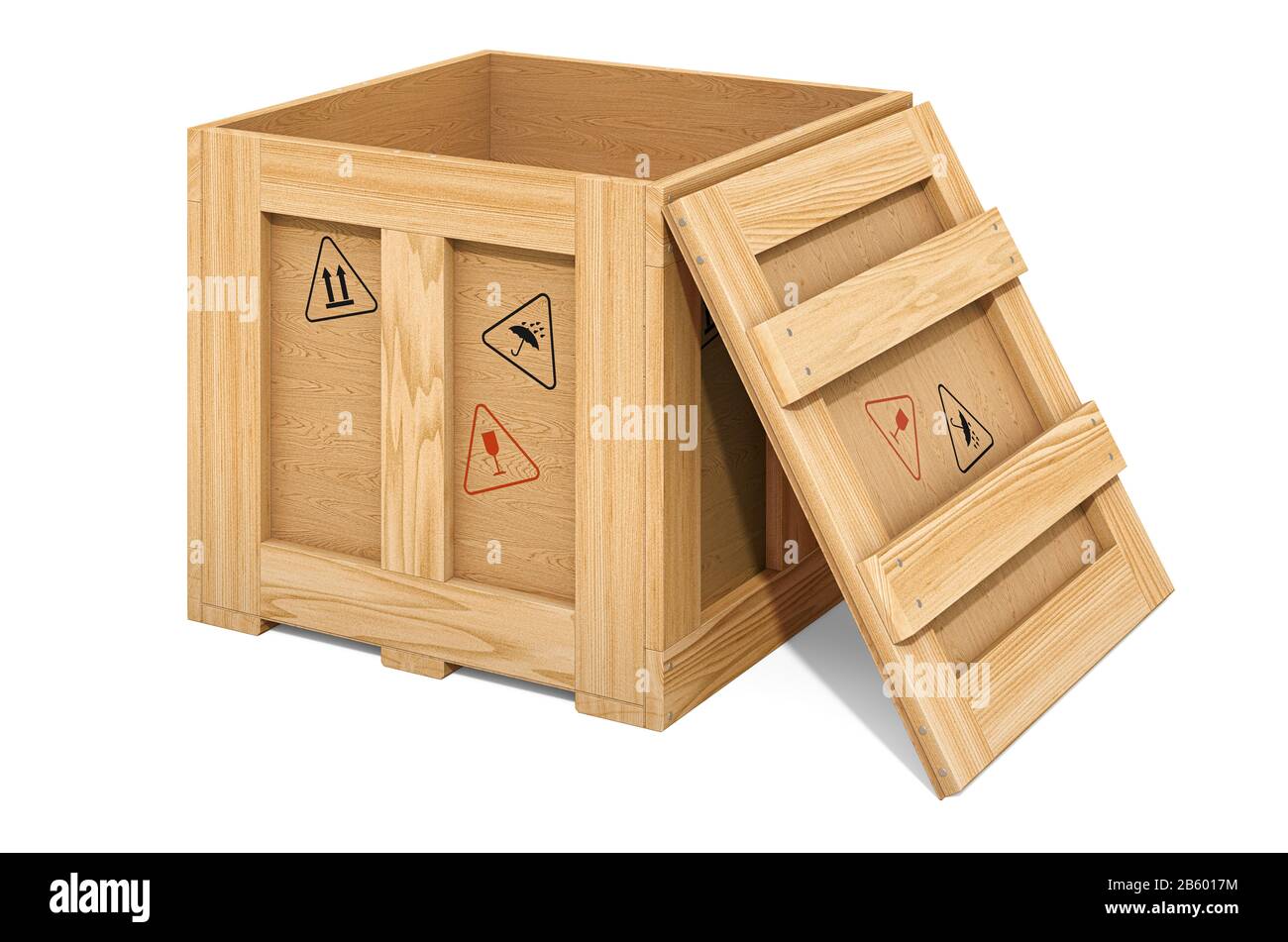 Opened wooden box, parcel. 3d rendering isolated on white background ...