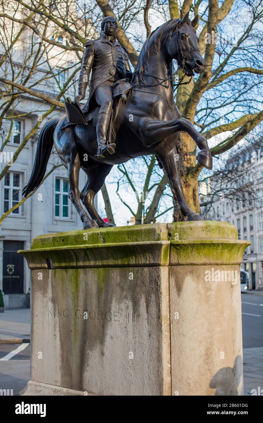 Bronze statue of King George III riding a horse, in Cockspur St, London ...