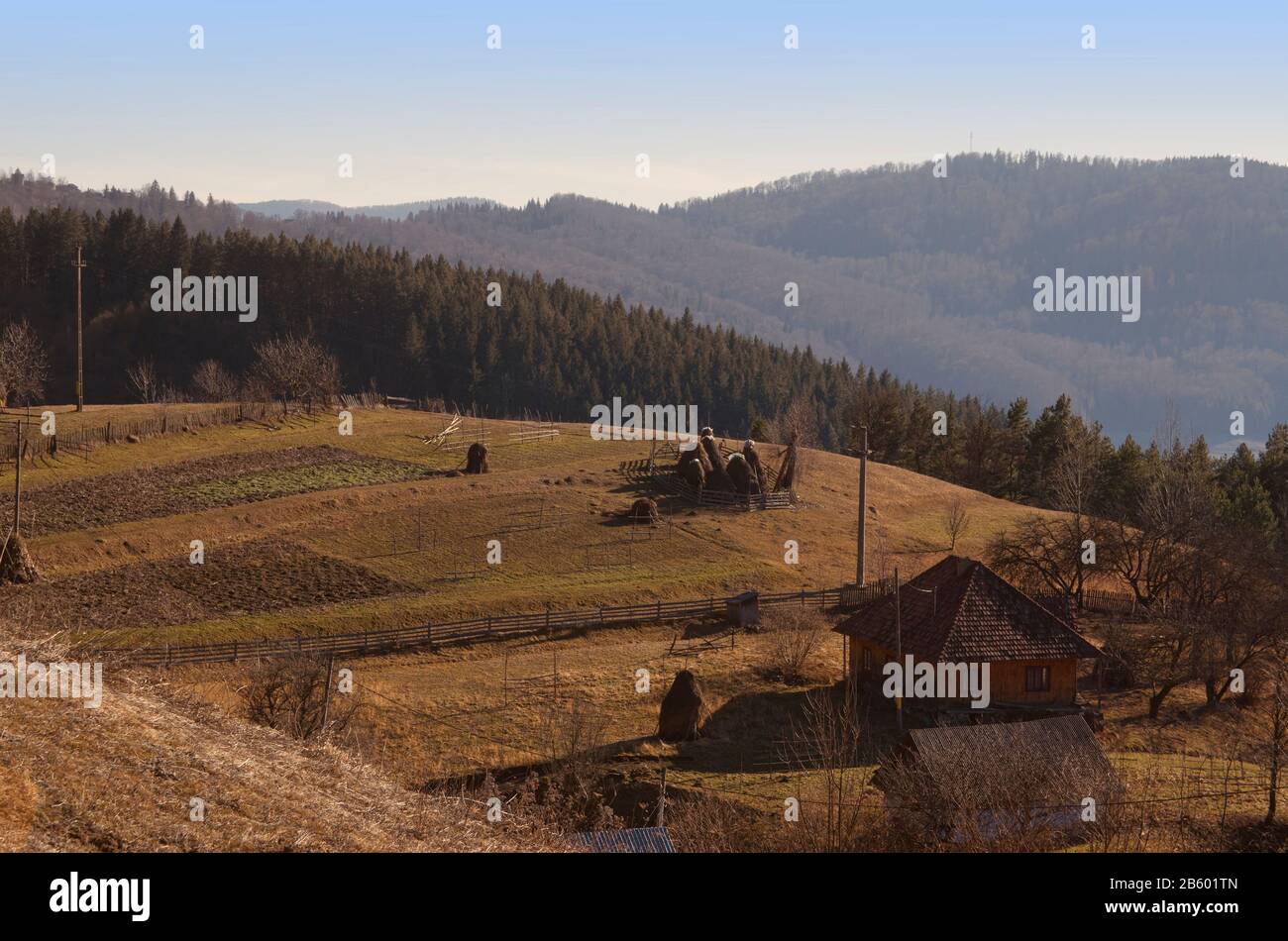 country side view with nice hills. Mountain landscape with farm Stock ...