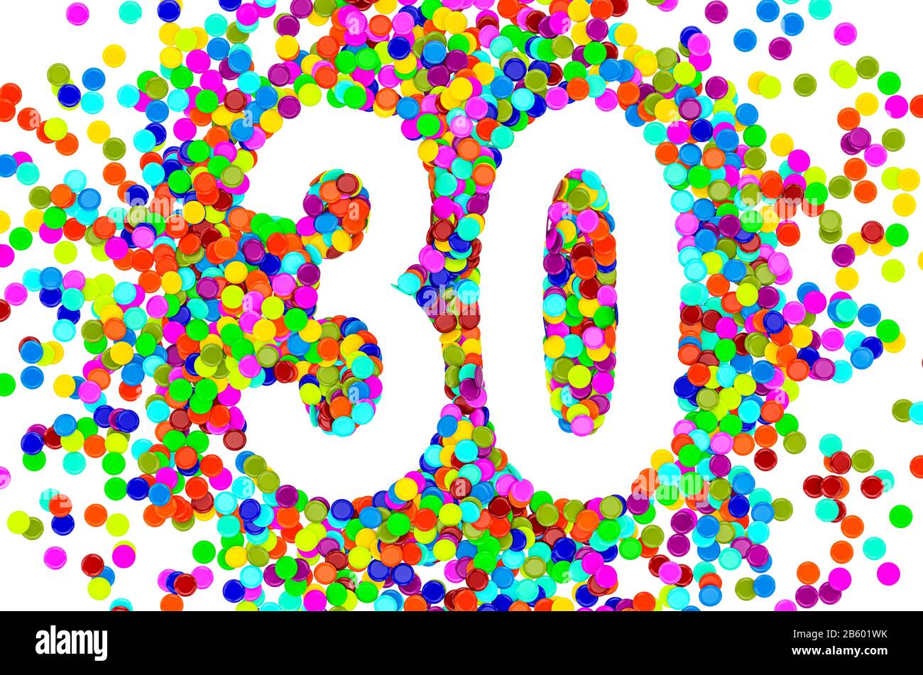 30 from colored confetti. 3D rendering isolated on white background ...