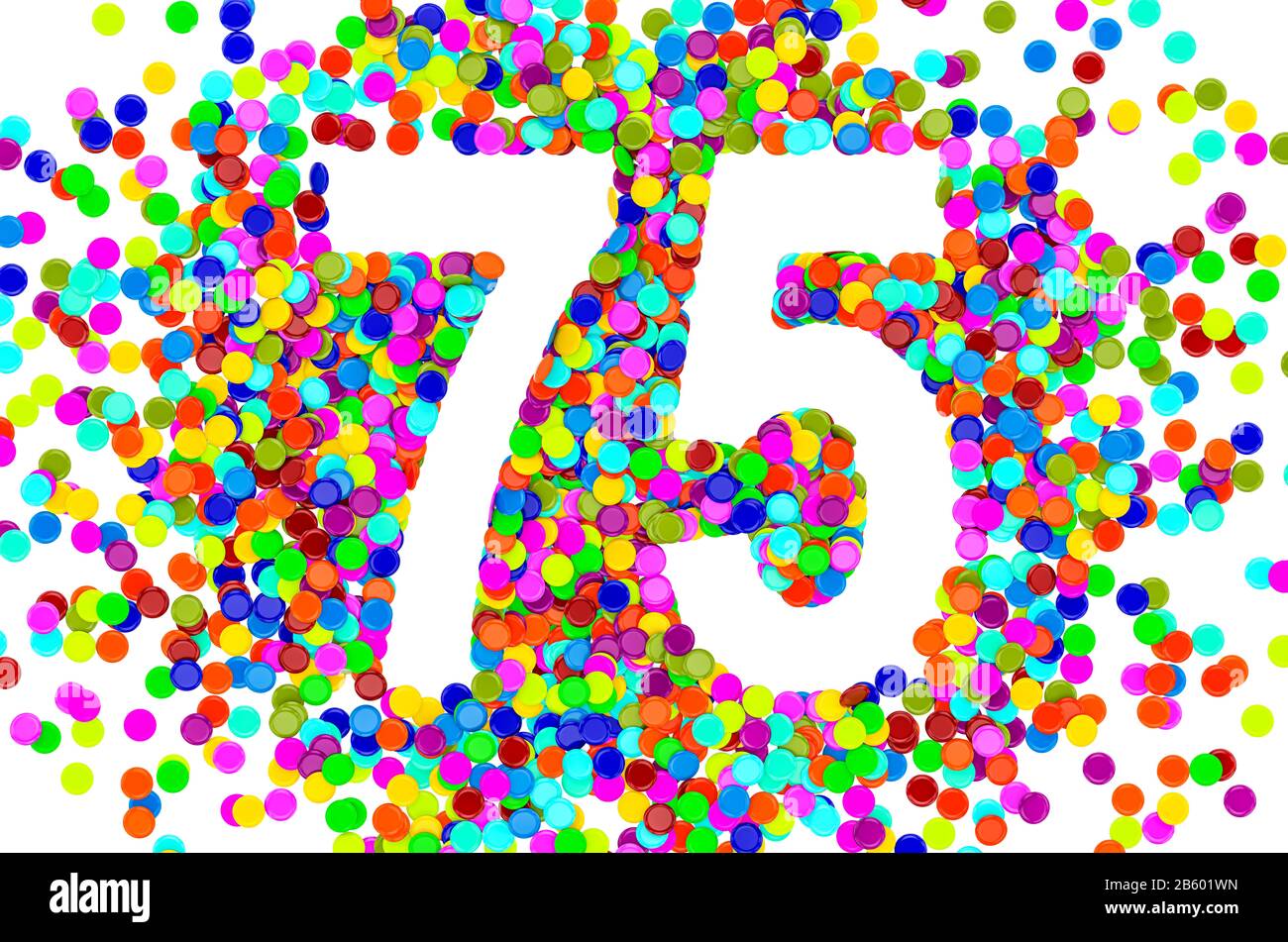 75 from colored confetti. 3D rendering isolated on white background ...