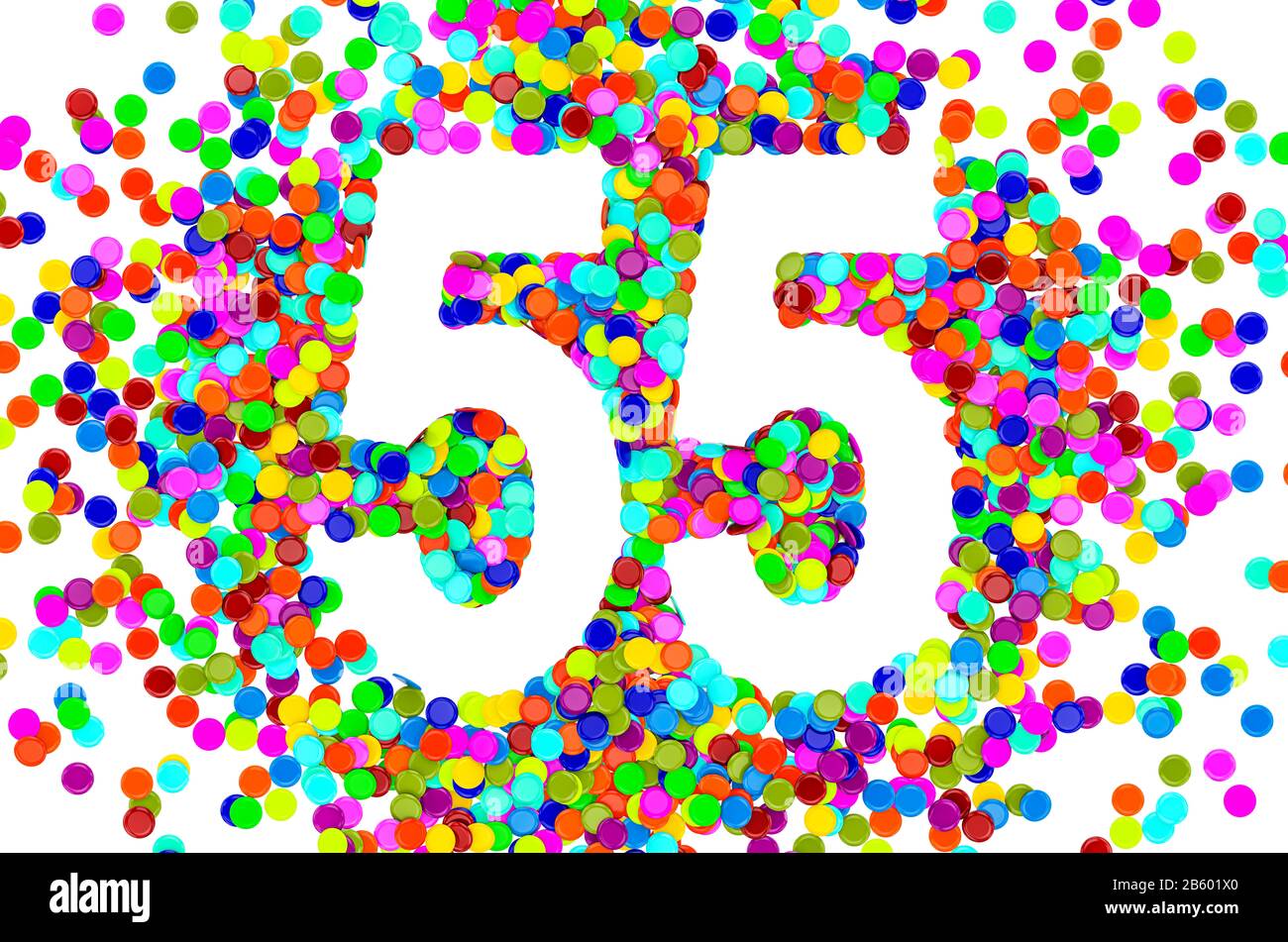 55 from colored confetti. 3D rendering isolated on white background ...