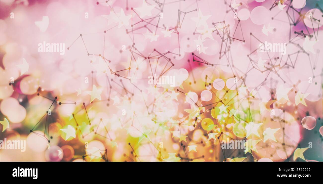 Triangles, dots and lines are connecting with shine on blur background ...