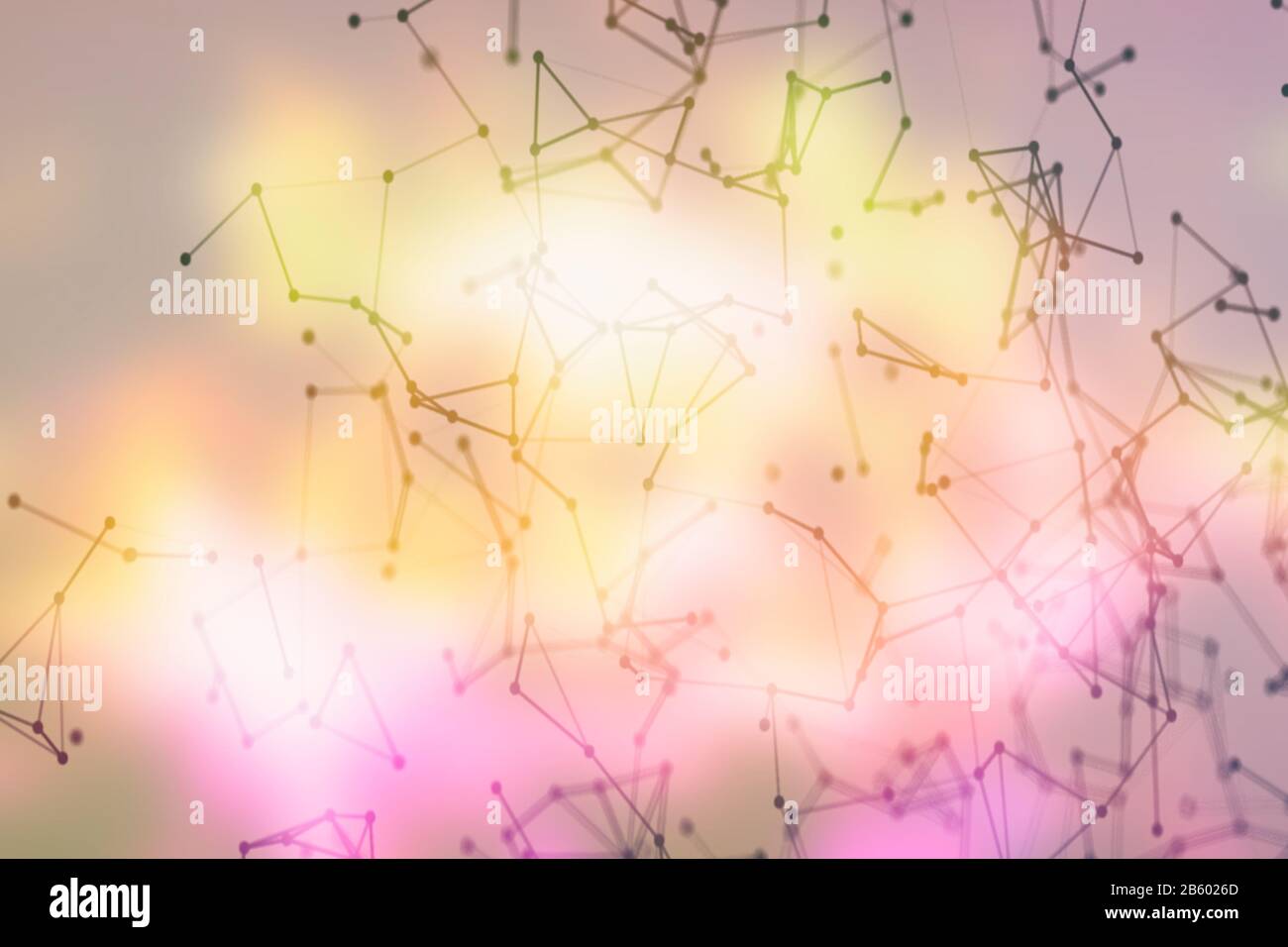 Triangles, dots and lines are connecting with shine on blur background ...