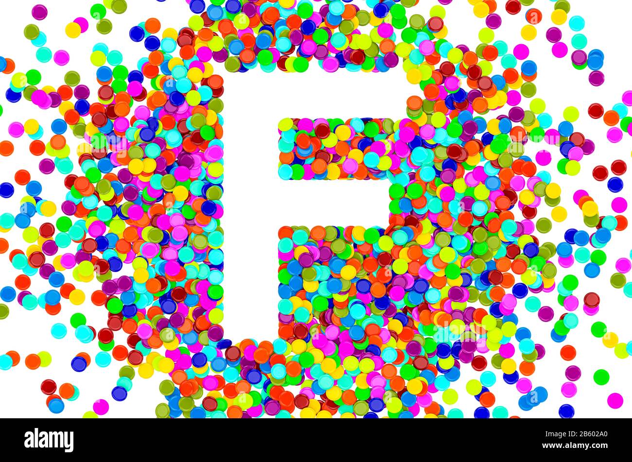 Confetti font, letter F from colored confetti. 3D rendering isolated on ...