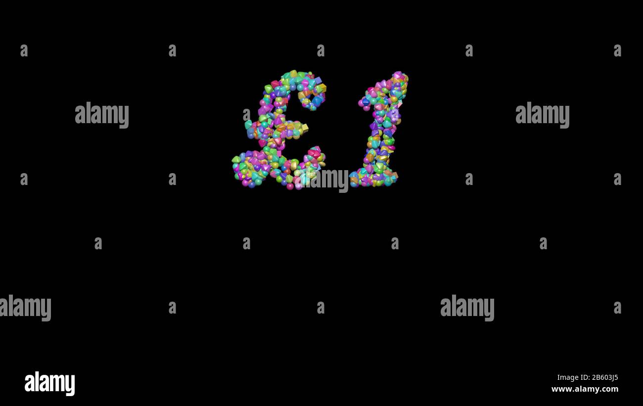 £1: 3D illustration of the text made of small objects over a black ...
