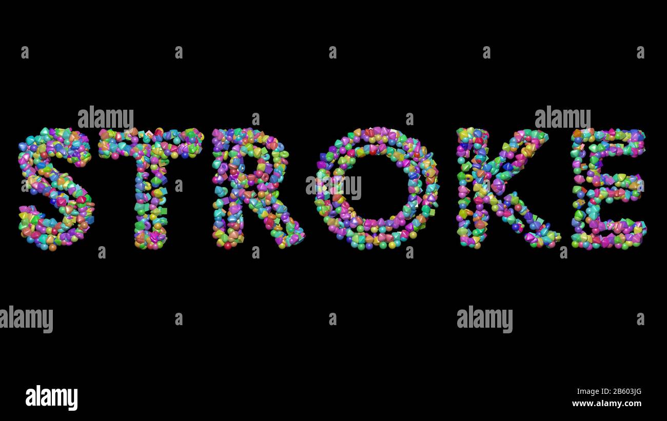 STROKE written in 3D illustration by colorful small objects casting ...