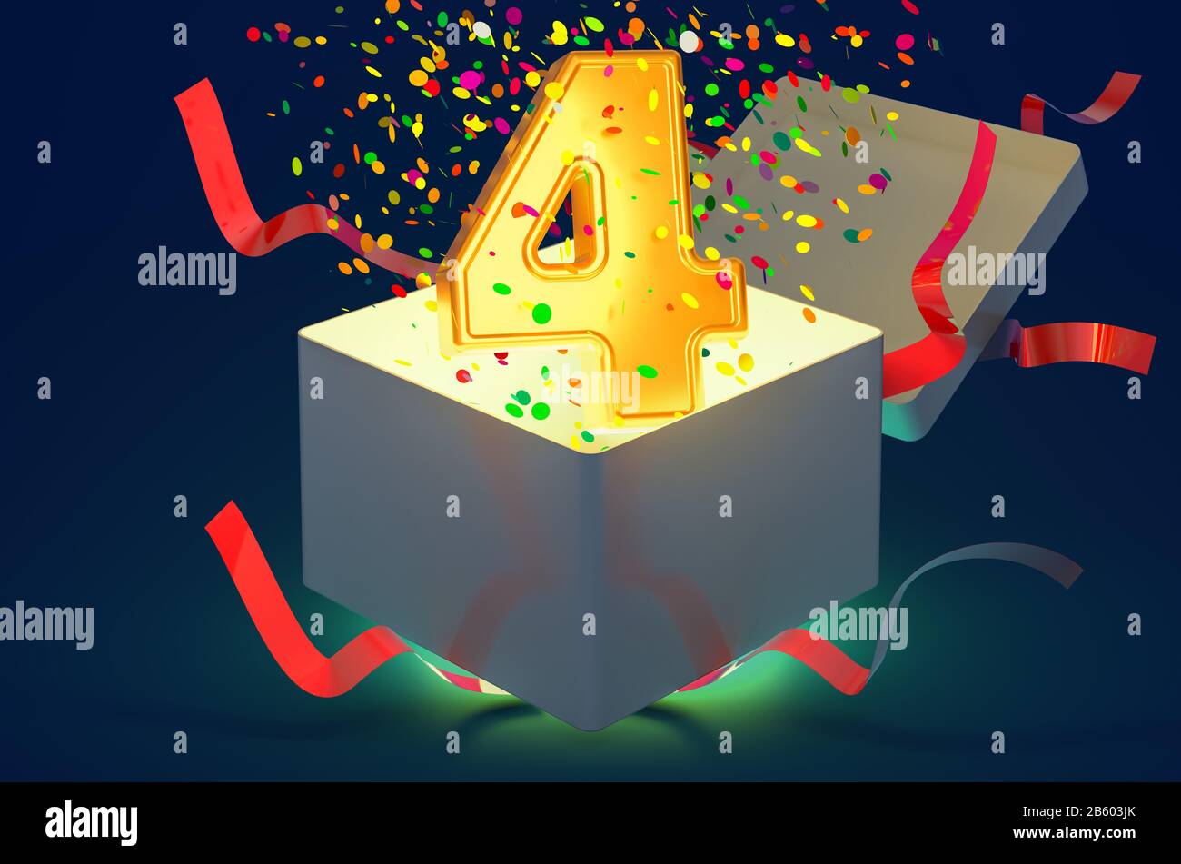 Number 4 inside gift box with confetti and shiny light, 3D rendering on ...