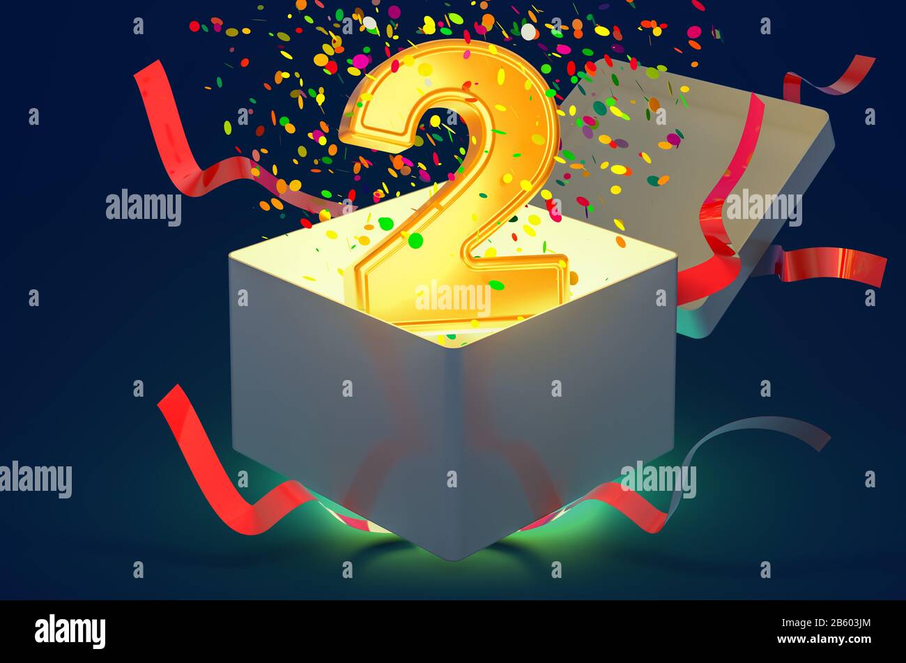 Number 2 inside gift box with confetti and shiny light, 3D rendering on ...