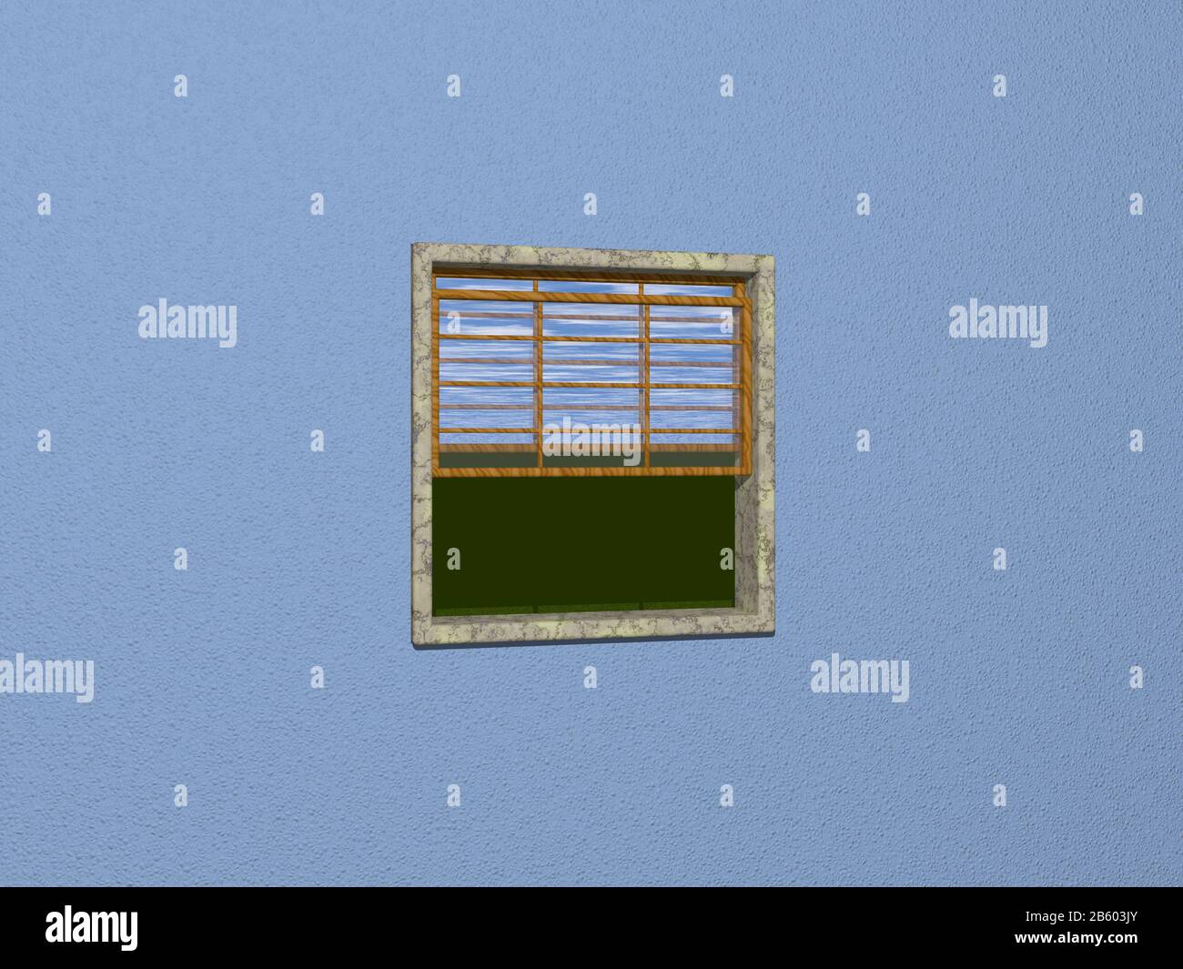 Open sash window from Corn Flower Blue wall viewing outside lawn with ...