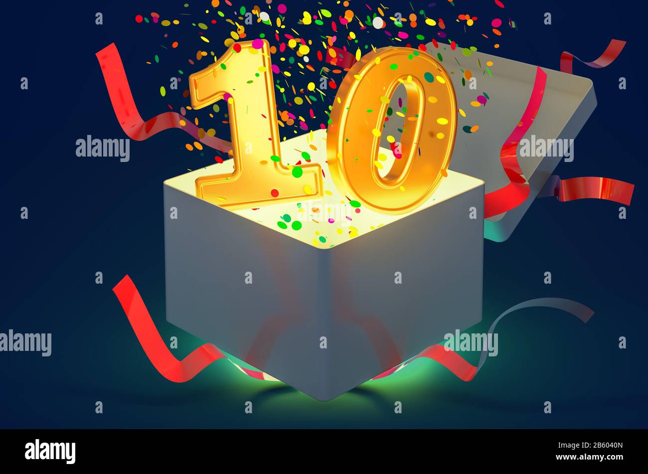 Number 10 inside gift box with confetti and shiny light, 3D rendering ...