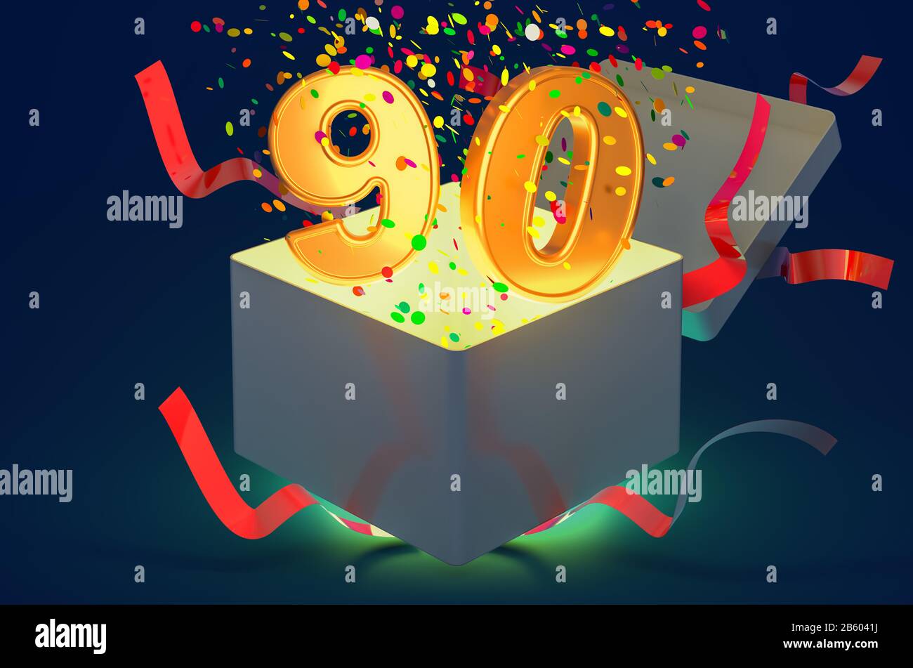 Number 90 inside gift box with confetti and shiny light, 3D rendering ...