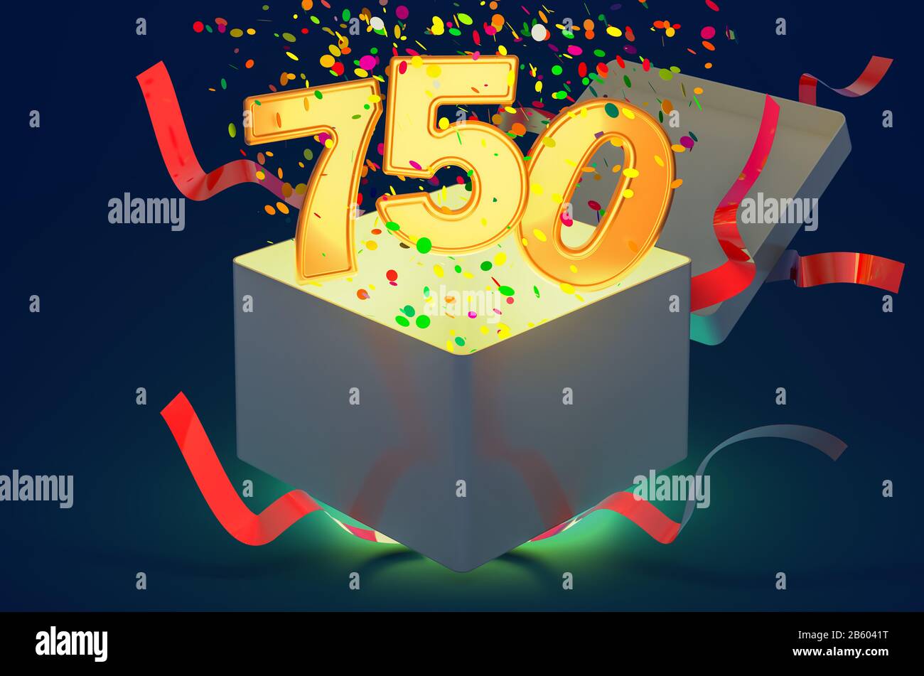 Number 750 inside gift box with confetti and shiny light, 3D rendering ...
