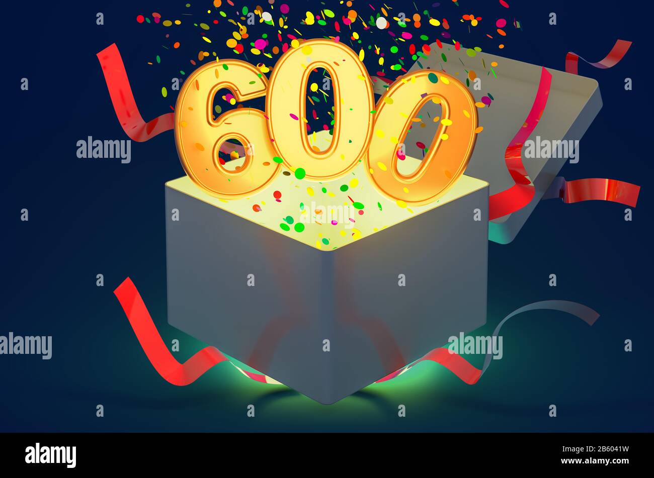 Number 600 inside gift box with confetti and shiny light, 3D rendering ...