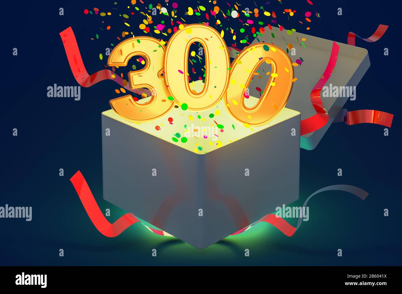 Number 300 inside gift box with confetti and shiny light, 3D rendering ...