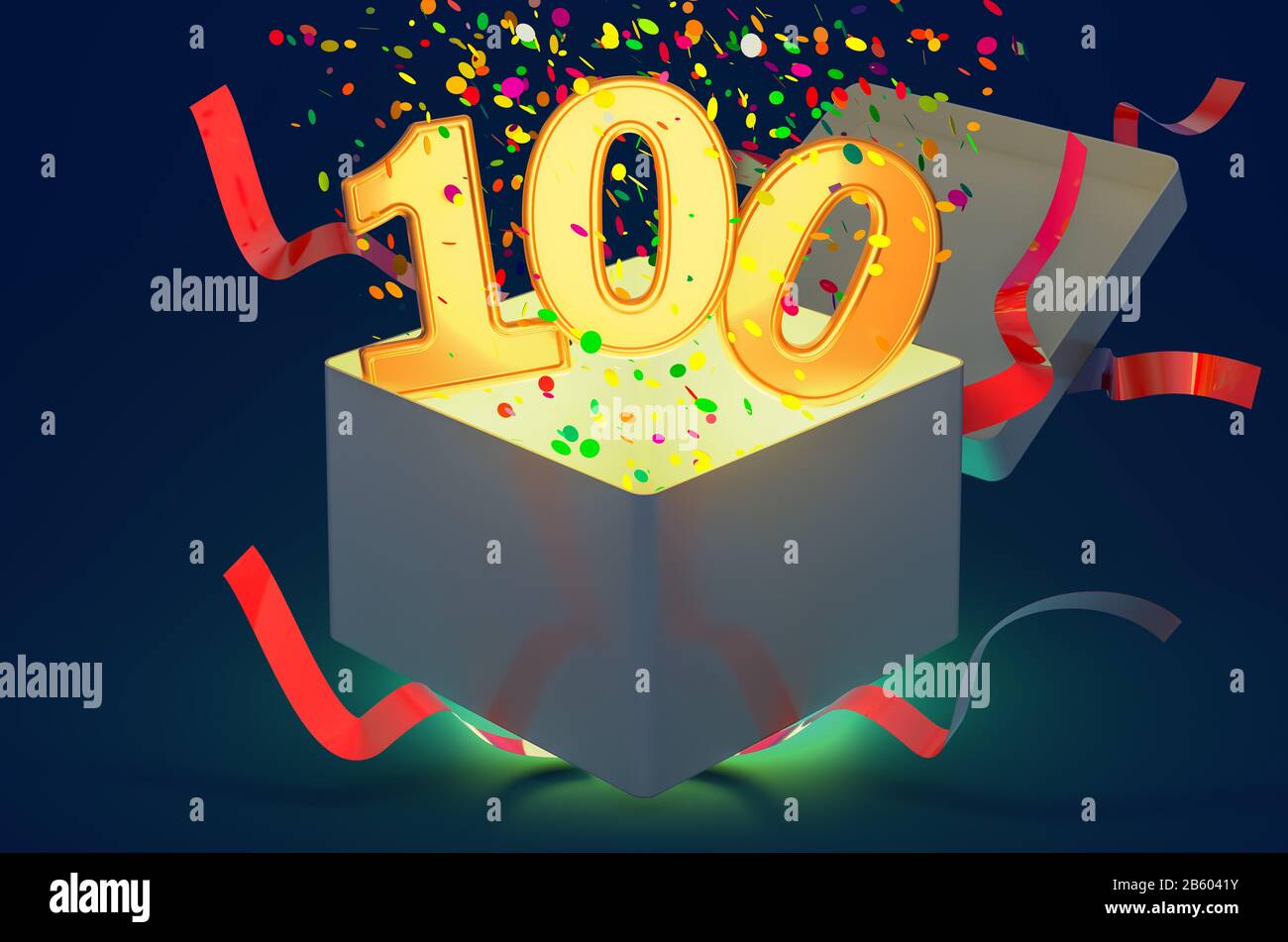 Number 100 inside gift box with confetti and shiny light, 3D rendering ...