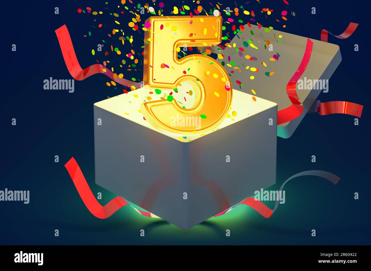 Number 5 inside gift box with confetti and shiny light, 3D rendering on ...