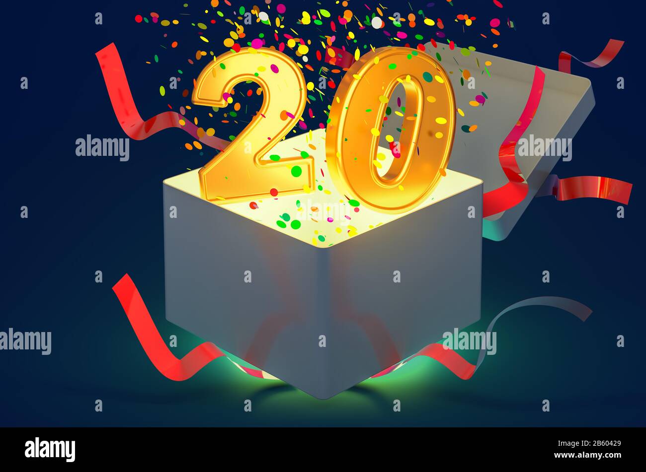 Number 20 inside gift box with confetti and shiny light, 3D rendering ...