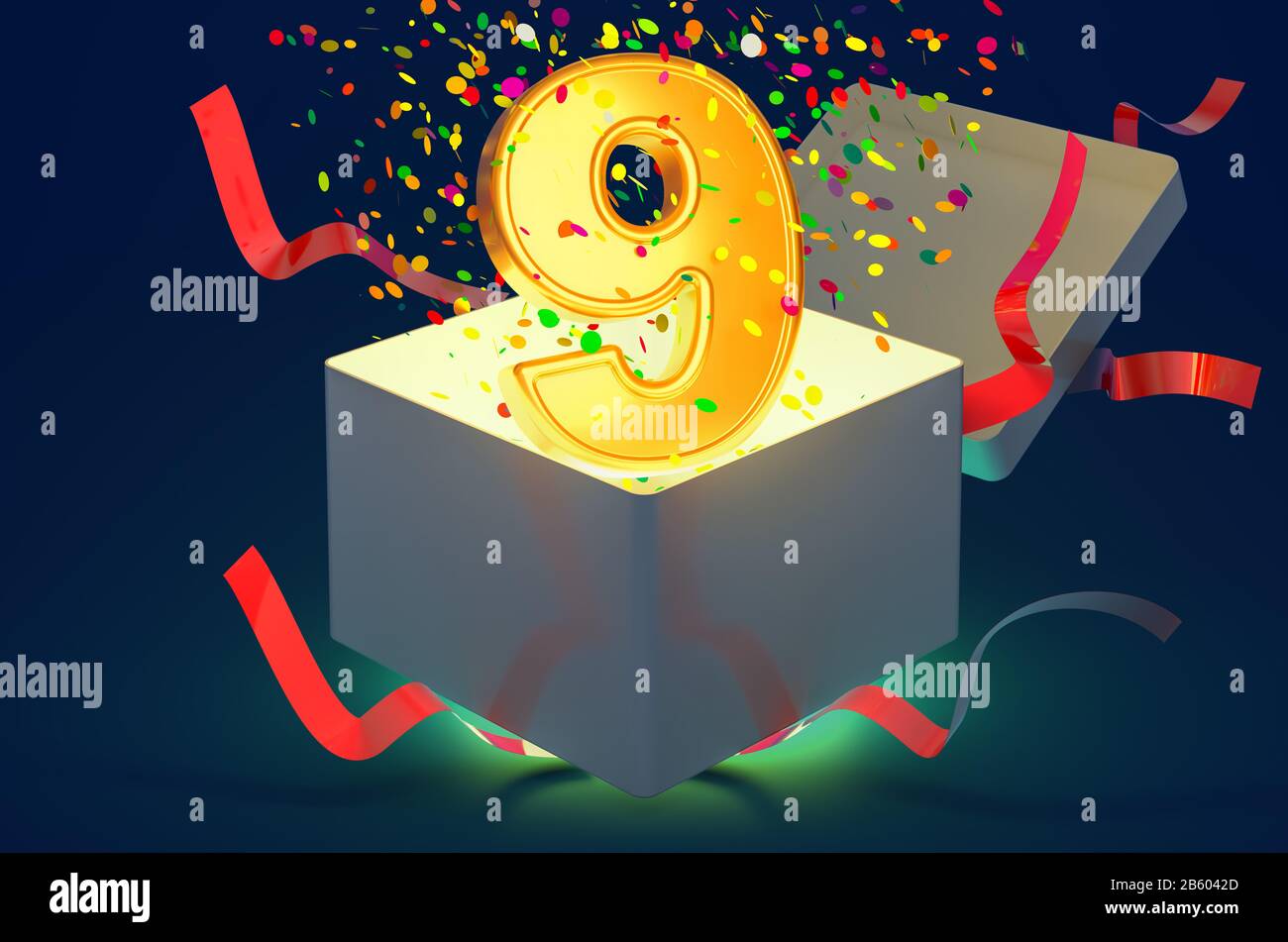 Number 9 inside gift box with confetti and shiny light, 3D rendering on ...