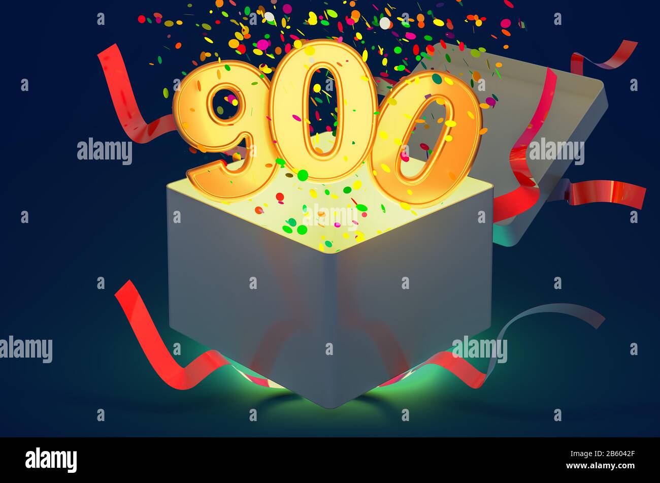 Number 900 inside gift box with confetti and shiny light, 3D rendering ...