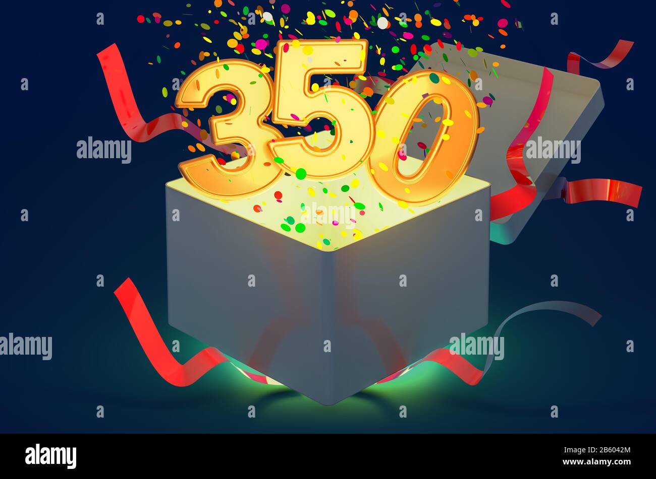 Number 350 inside gift box with confetti and shiny light, 3D rendering ...
